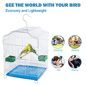 Kuzino Small Bird Travel Cage - Economy and Lightweight Small Birds Carrier Cages for Parakeets Lovebirds Parrotlets Finches Canaries with White Wire, Blue Plastic Base with Removable Tray