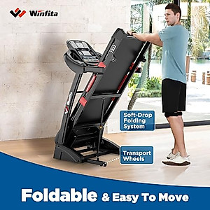 Winfita 4.5HP Foldable Treadmill for Home with 15% Auto Incline, 300 LB Capacity, 10 MPH Speed, 50"x18" Belt, App & Bluetooth Speakers, Charging Port, Tablet Holder, Pause Function, 64 Preset Programs