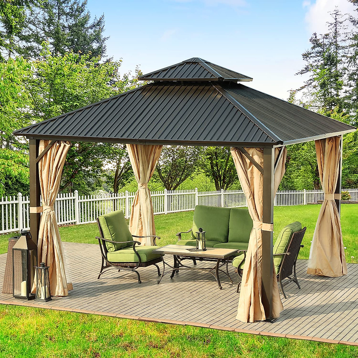 Aoodor 12 x 12 ft. Aluminum Frame Hardtop Roof Gazebo, Outdoor Patio 2-Tier Metal Roof Gazebo with Mosquito Netting and Curtains, Suitable for Patios, Garden and Backyard - Black