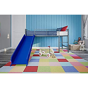 DHP Junior Twin Metal Loft Bed with Slide, Multifunctional Design, Silver with Blue Slide & Fire Department Design Curtain Set for Junior Loft Bed, Kids Furniture, Blue