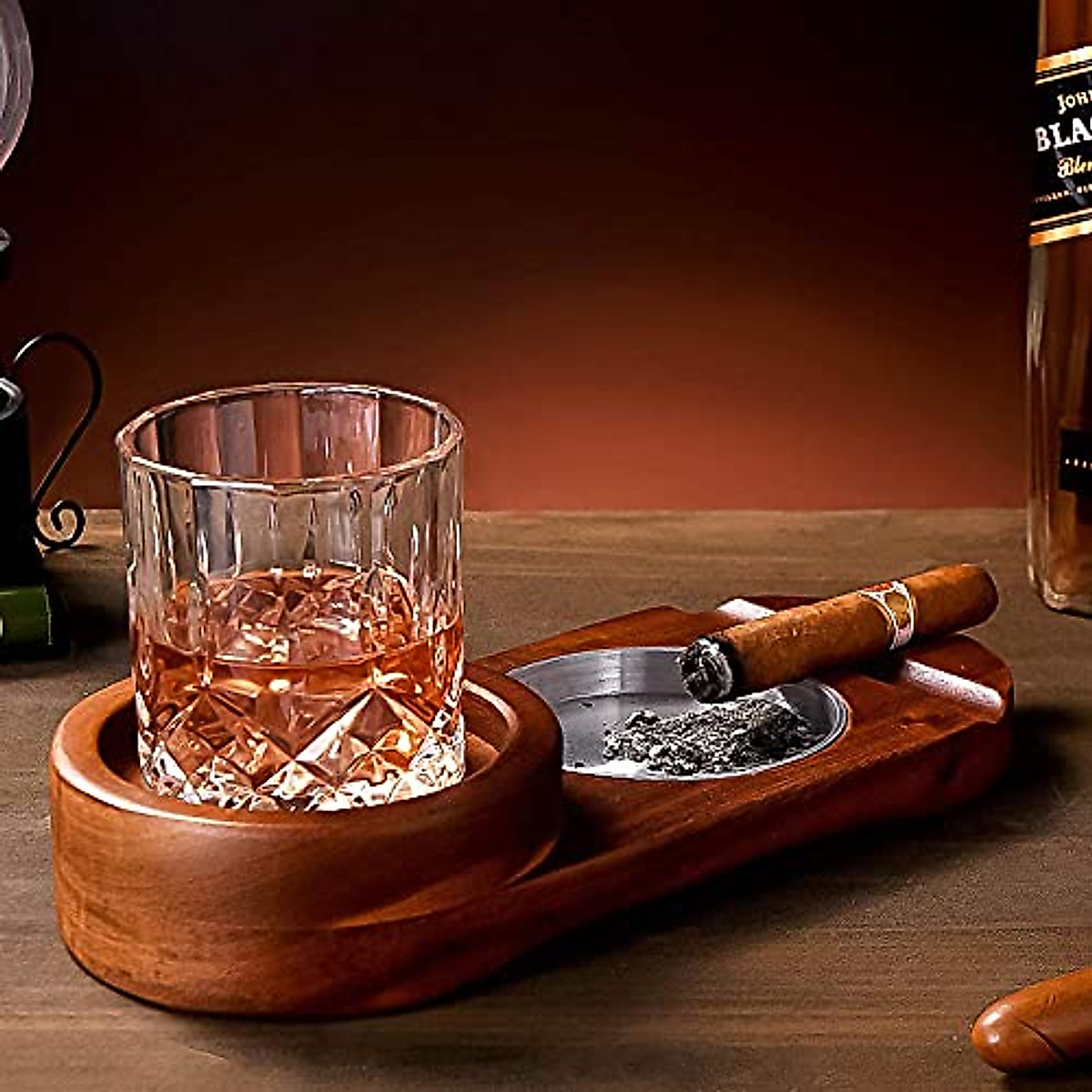 Cigar Ashtray Coaster Whiskey Glass Tray and Cigar Holder, Wooden Ash Tray, Slot to Hold Cigar, Cigar Rest, Cigar Accessories Set Gift for Men Dad, Great Decor for Home,Office or Bar
