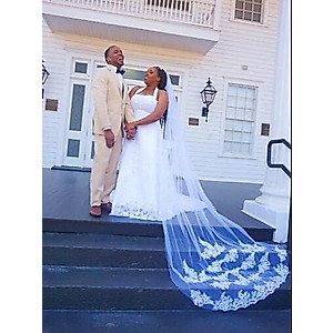 MisShow,White Lace Edge Cathedral Length Wedding Bridal Veil with Comb