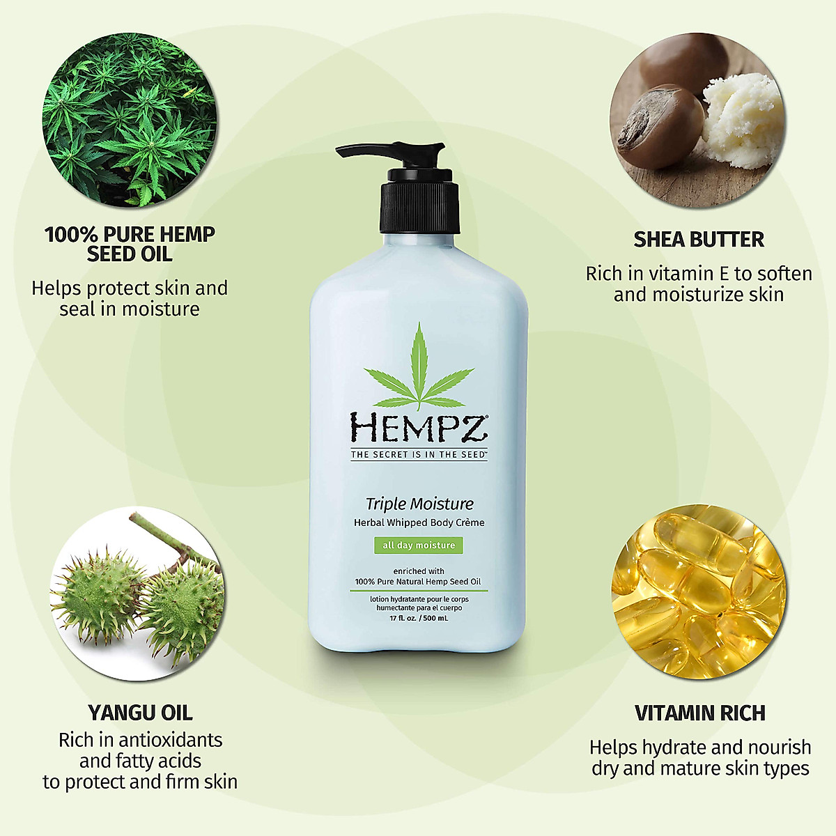 Hempz Natural Triple Moisture Herbal Whipped Body Cream with 100% Pure Hemp Seed Oil for 24-Hour Hydration, Moisturizing Vegan Skin Lotion with Yangu Oil, Peach and Grapefruit, 17 Fl Oz (Pack of 2)