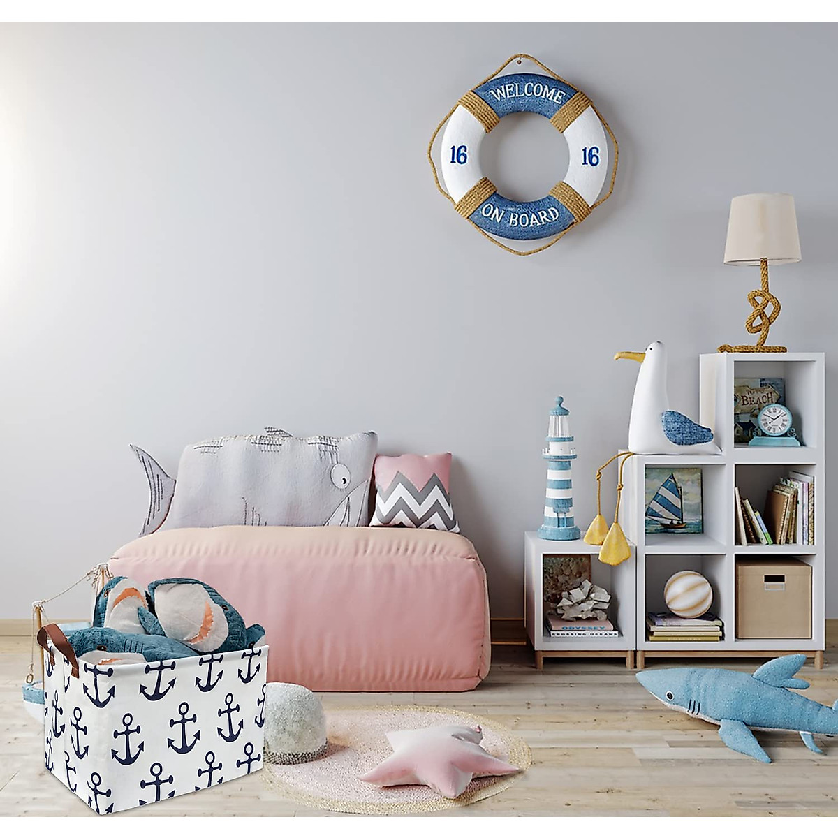 HIYAGON Kids Storage Basket Nautical Gift Basket Empty Boys Toy Storage Bin Organizer Box Rectangular Room Decor for Home,Books (Anchor)