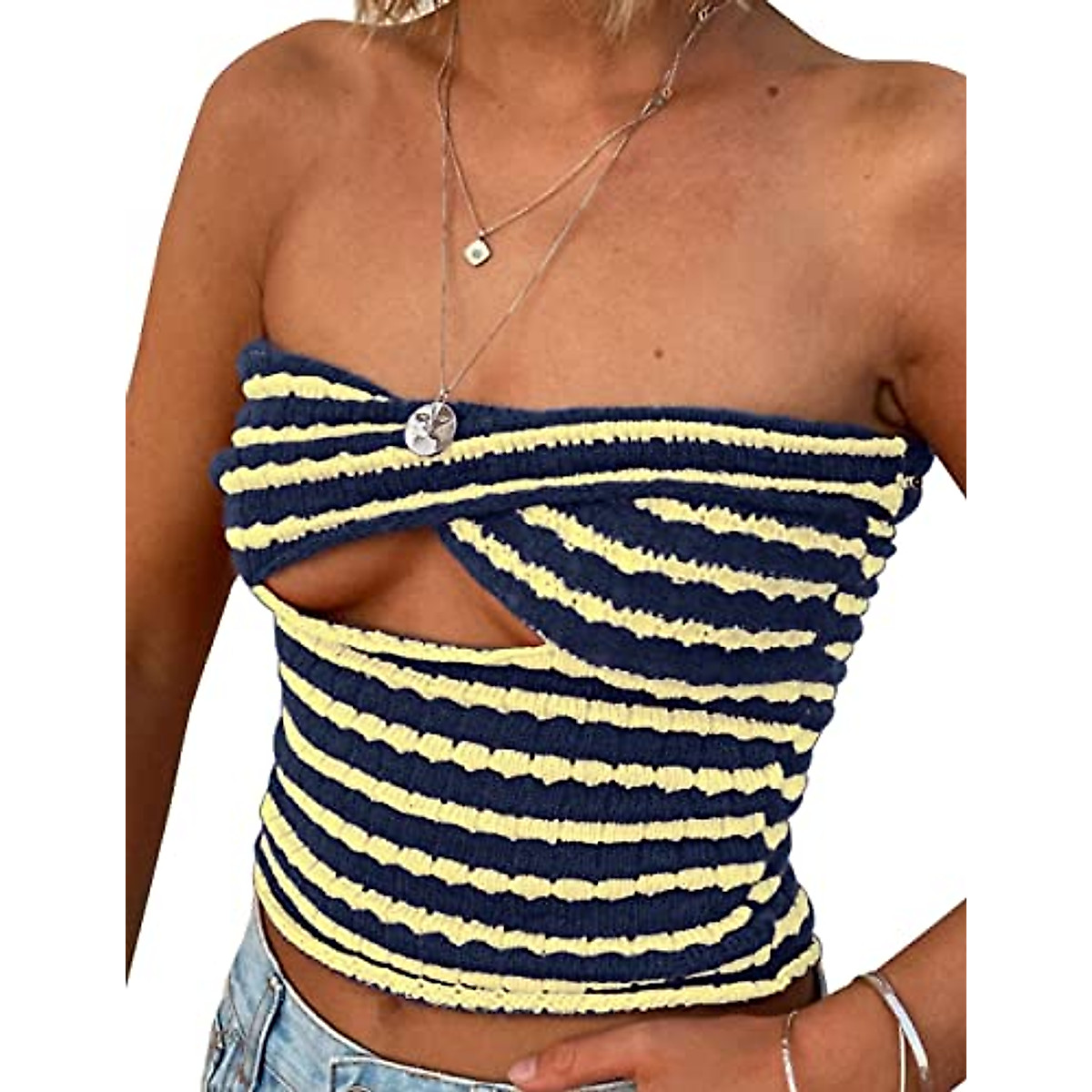 MISSACTIVER Women Striped Knit Bandeau Top Sexy Strapless Sleeveless Twist Front Hollow Out Backless Tube Crop Top Party