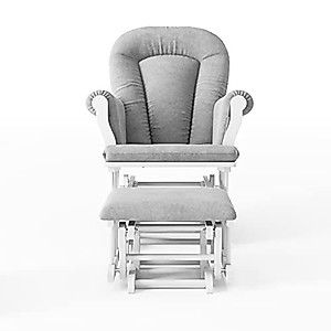 Child Craft Cozy Glider Rocker and Ottoman Set, Padded Cushion with Storage Pockets, Solid Wood Base, Matte White with Light Gray Cushion