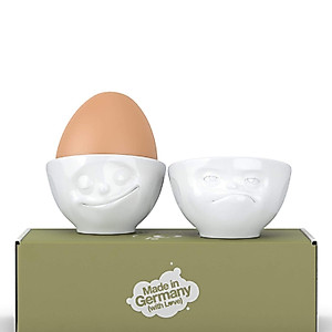FIFTYEIGHT PRODUCTS TASSEN Porcelain Egg Cup Set No. 3, Happy & Hmpff Face Edition, White (Set of Two Egg Cups)