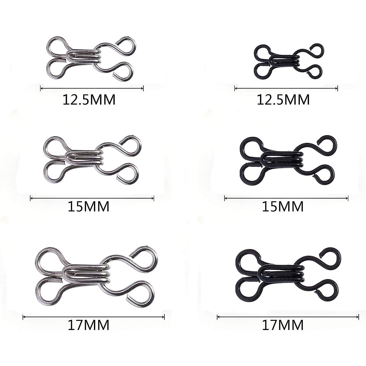 HAALII 60 Set Sewing Hooks and Eyes Closure for Bra Clothing Trousers Skirt DIY Craft, Trousers Skirt Sewing DIY Craft, 3 Sizes, Black and Silver
