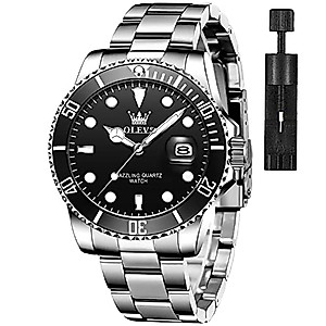 OLEVS Black Watches for Men Classic with Date Business Dress Luxury Large Face Green/Silver/Blue Waterproof Luminous Mens Wrist Watch Analog Two Tone Stainless Steel Reloj para Hombre
