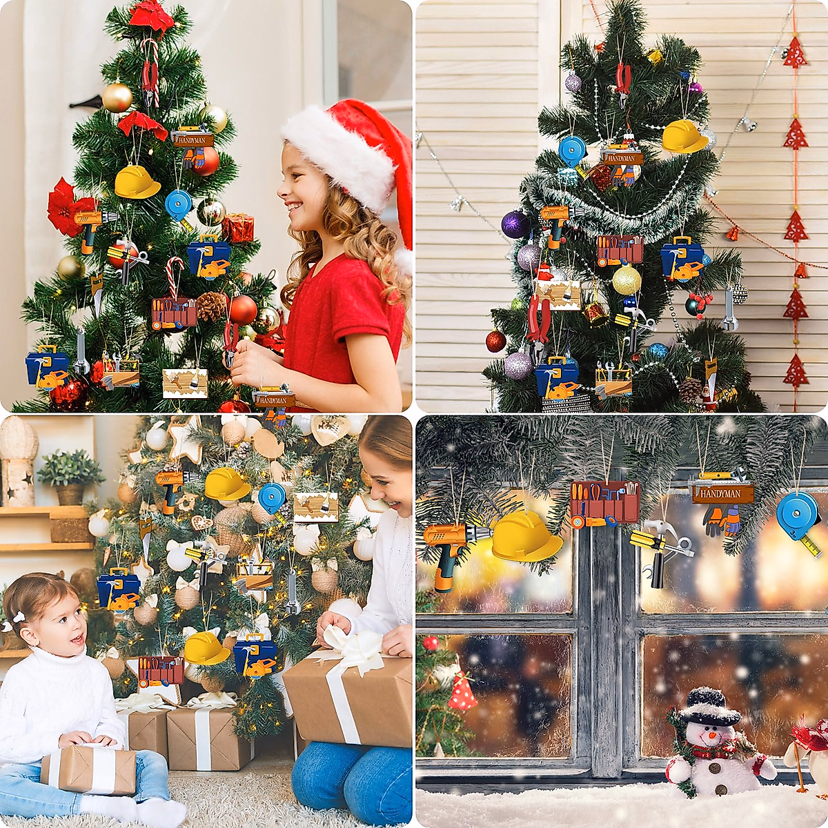 Suzile 36 Pcs Christmas Construction Tools Ornament Wooden Hanging Handyman Belt Board Wood Axe Plier Hammer Tool Christmas Tree Ornament for Xmas Party Holiday Decor