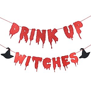 Red Glitter Drink Up Witches Banner, Halloween Witch Banner Witches Halloween Party Banner for Witch Party Decorations Halloween Haunted Mansion Party Decorations