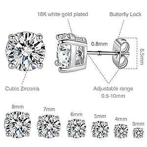 18K White Gold Plated 4 Pong Round Clear Cubic Zirconia Stud Earring Pack of 6 Pairs (6 Pairs)