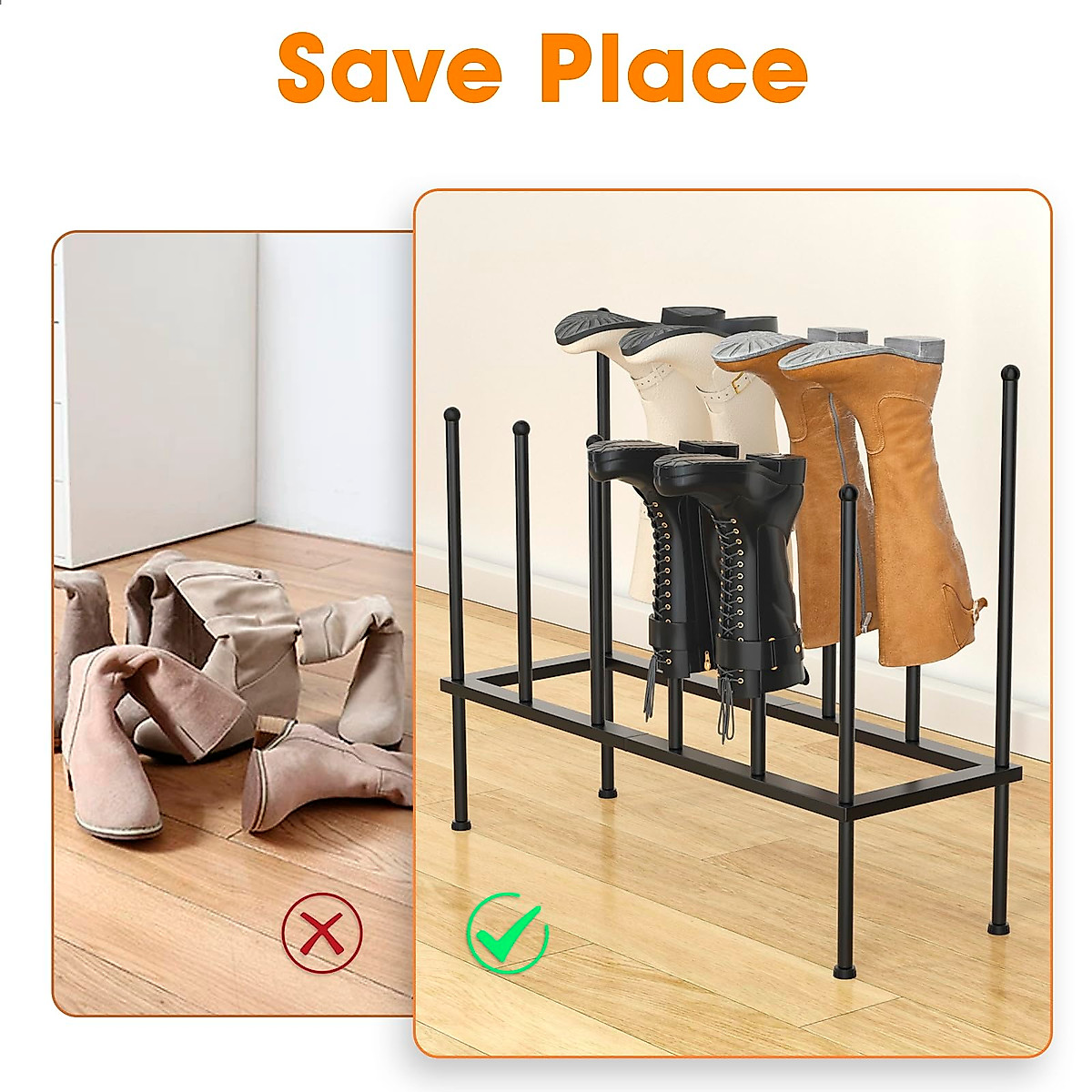 Urban Deco Boot Rack Organizer for Tall Boots, Black Metal Boot Storage Rack, Boot Holder Fit for 6 Pairs, Free Standing Shoe Racks for Entryway, Closet, Outdoor, Garage (Black-6pairs)