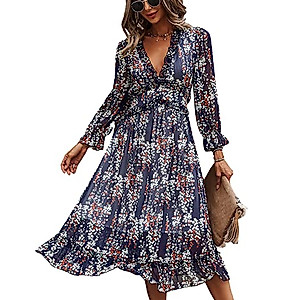 MOPOOGOSS Womens Junior Casual Summer Spring Ruffle Elegant Floral Long Sleeve Sexy V Neck Cute Chiffon Boho Beach Tunic Swing A Line Flowy Long Beach Casual Dresses for Women Navy M