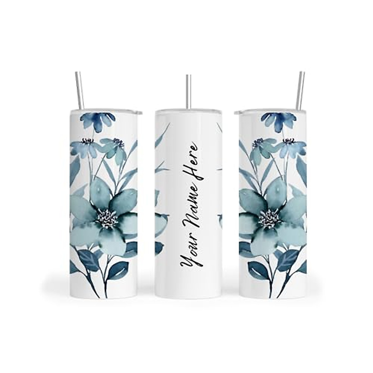 Personalized Flowered Skinny Tumbler 20Oz, Stainless Steel with lid, Straw, Brush and Non-Slip Base. Keep Drinks Hot or Cold. Use like Water Bottle, Coffee Mug, Travel Mug, Wine Cup. (Light Blue)