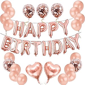 40pcs Pink Rose Gold Birthday Decorations, 3D Mylar Foil Happy Birthday Banner and 18inch Big Heart Star Confetti Latex Balloons, Ecofriendly Party Decorations Supplies for kids Girls Women