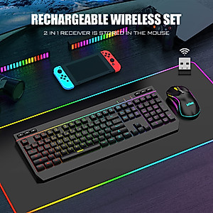 RedThunder K20 Wireless Keyboard and Mouse Combo, Full Size Anti-Ghosting Keyboard with Multimedia Keys + 7D 4800DPI Optical Mice, Rechargeable RGB Gaming/Office Set for PC Laptop Mac Xbox (Black)