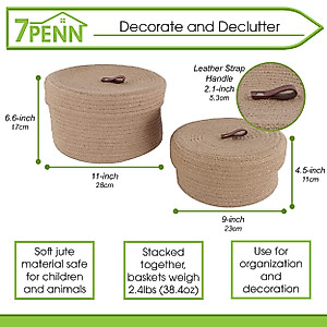 7Penn Jute Baskets - 2pc Round Decorative Natural Jute Rope Woven Storage Basket Set with Lids and Leather Tab Handle