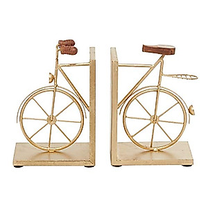 Deco 79 Metal Bike Bookends with Wood Accents, Set of 2 7"W, 9"H, Gold