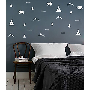 Set of Woodland Bears, Arrows, Teepees, Trees and Mountains Wall Decals, Vinyl Stickers for Bedroom, Living Room, School, Nursery Wall Decals A41 (White)