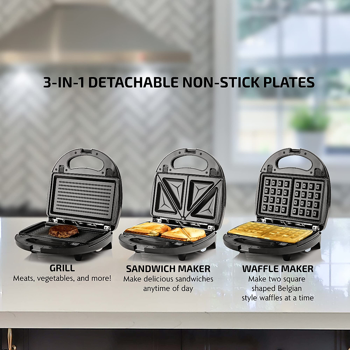 OVENTE 3 in 1 Electric Sandwich Maker, Panini Press Grill and Waffle Iron Set with Removable Non-Stick Plates, Perfect for Cooking Grilled Cheese, Tuna Melts, Burgers, Steaks and Snacks, Black GPI302B