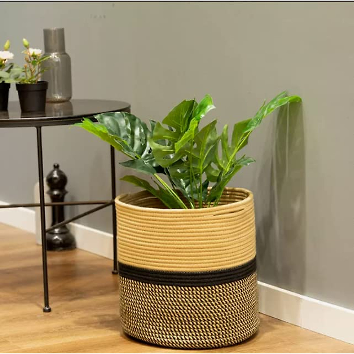 Medium woven Storage Basket Decorative Rope Basket Wooden Bead Decoration for Blankets,Toys,Clothes,Shoes,Plant Organizer Bin with Handles Living Room Home Decor, Jute.