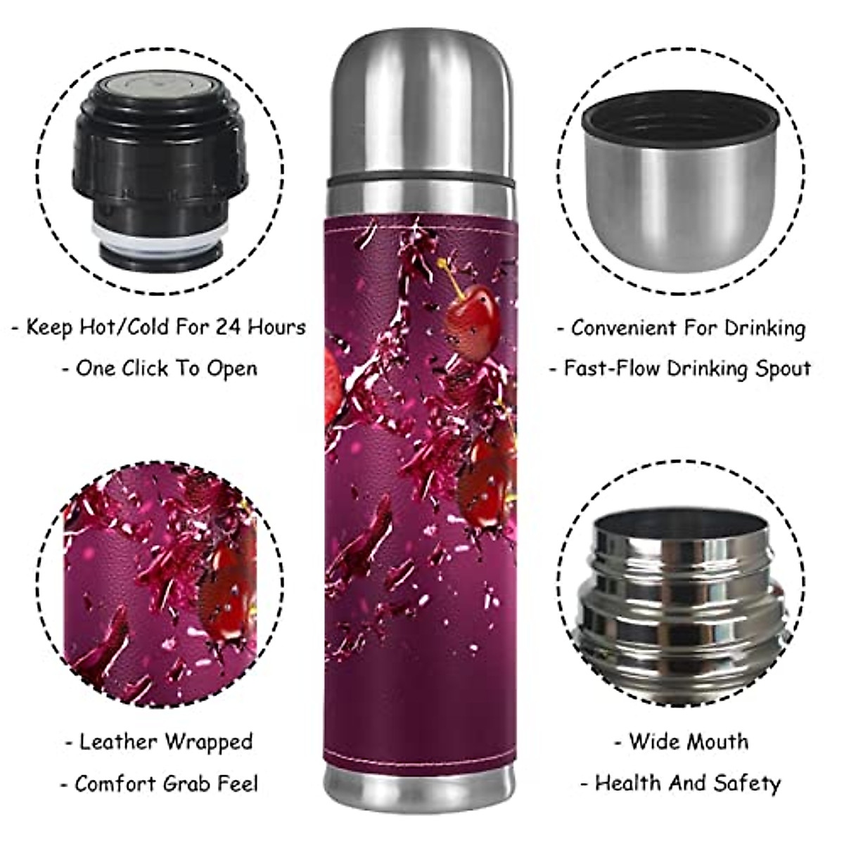 Wine Cherry Stainless Steel Water Bottle, Leak-Proof Travel Thermos Mug, Double Walled Vacuum Insulated Flask 17 OZ
