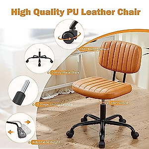 OLIXIS Armless Home Office Desk Chair with PU Leather Low Back Lumbar Support and Wheels, Height Adjustable No Arms for Bedroom, Study Small Space, Brown