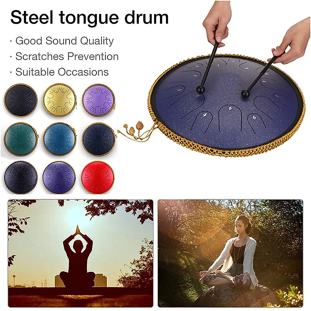 Steel Drum 15 Notes Steel Tongue Drum 13 Inch Tank Drum Zen Drum With Mallets Travel Bag For Beginner Music Lovers Gift (Obsidian)