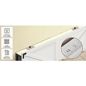 MAHANCRIS King Size Headboard Only, Headboard with 2 Outlets and 4 USB Ports, Farmhouse Headboard, with LED Lights, Secure Storage with Raised Fence, with Bed Frame Adapter, White and Black