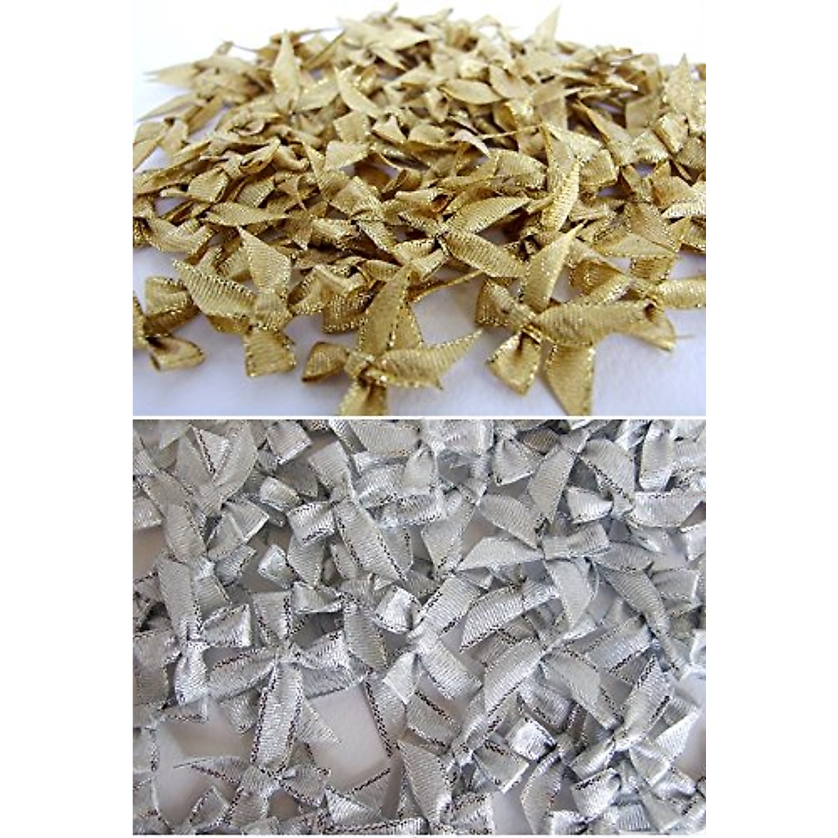100 Assorted Smallest Gold & Silver Ribbon Bows Size 20 mm. Tiny Embellishment Craft Artificial Applique Wedding