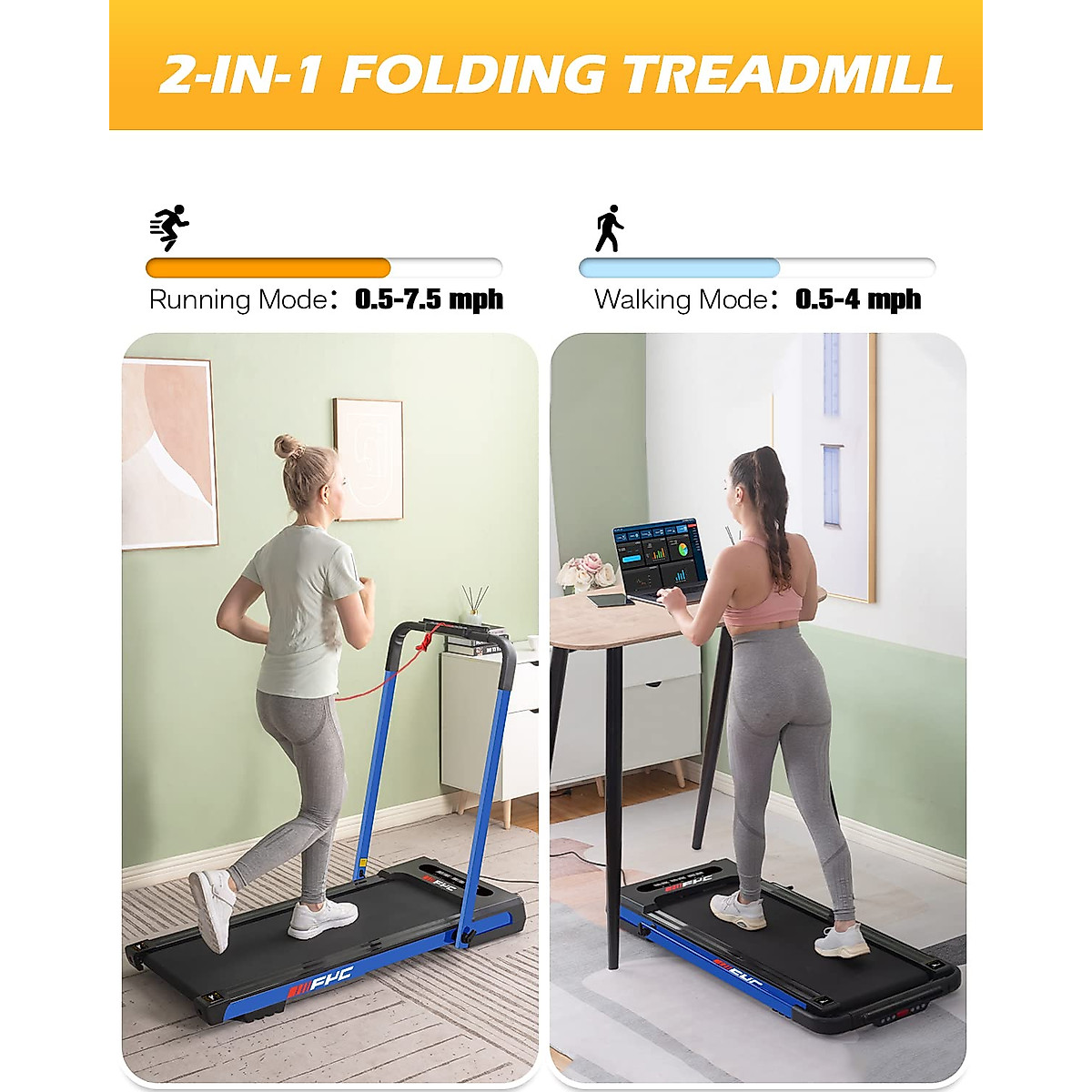 FYC Under Desk Treadmill - 2 in 1 Folding Treadmill Desk Workstation for Home 300LBS Weight Capacity, 3.5HP Free Installation Foldable Treadmill Compact Electric Running Machine for Office, Blue