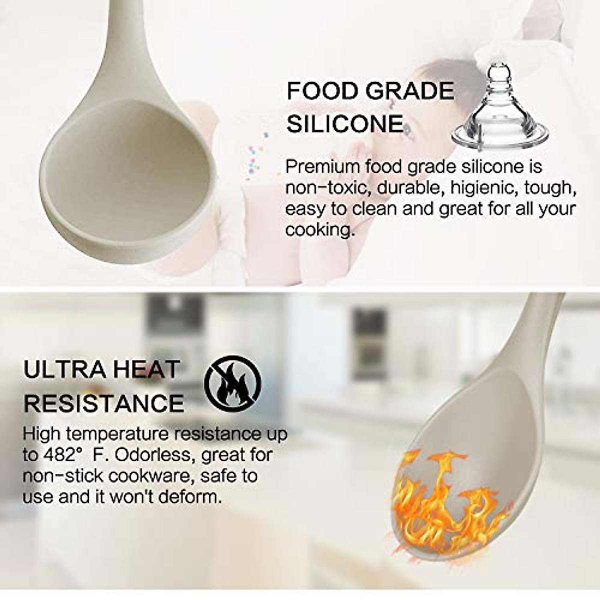 Kinfayv Silicone Cooking Utensils Kitchen Utensil Set, 21 PCS Wooden Handle Nontoxic BPA Free Silicone Spoon Spatula Turner Tongs Kitchen Gadgets Utensil Set for Nonstick Cookware with Holder (Khaki)