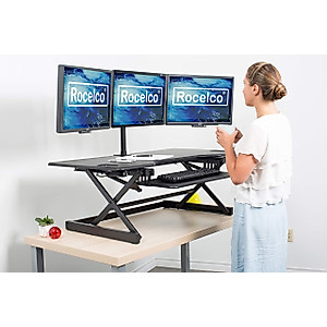 Rocelco 46" Large Adjustable Standing Desk Converter with Triple Monitor Mount - Sit Stand Up Computer Workstation Riser - Retractable Keyboard Tray - (R DADRB-46-DM3), Black