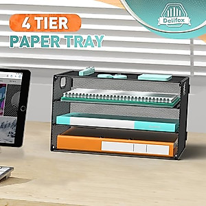 4-Tier Letter Tray Paper Organizer with Handle,Mesh File Holder Organization Document Storage for Office Home School, Black