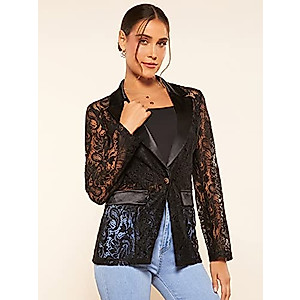 WDIRARA Women's Floral Lace Mesh One Button Lapel Neck Long Sleeve Elegant Jacket Blazer Black S