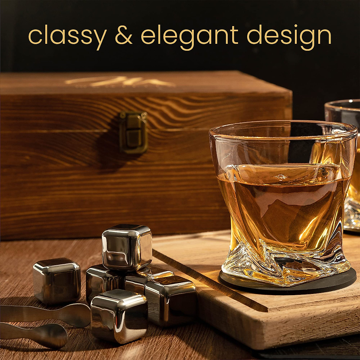 Mantello Whiskey Stones Gift Set for Men - Whiskey Glass Set of 2 with Stainless Steel Whiskey Stones - Whiskey Gifts for Men, Whisky Glasses and Whiskey Stones Rocks