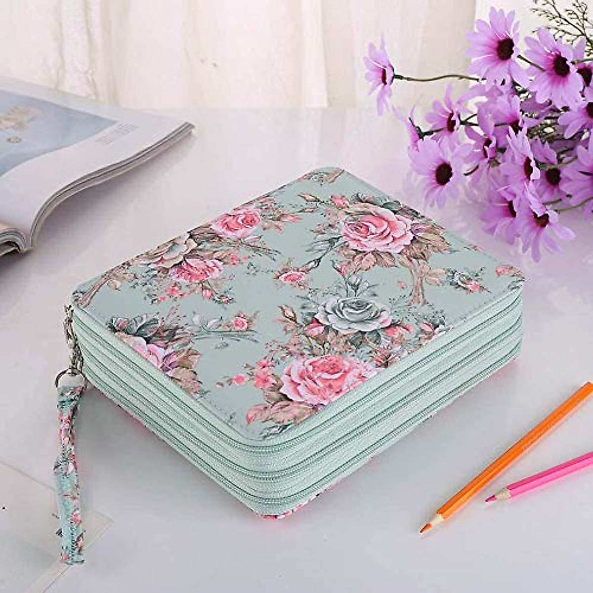 Shulaner 120 Slots Colored Pencil Case with Zipper Closure Large Capacity Green Rose Oxford Pen Organizer Flower Pencil Holder for Artist