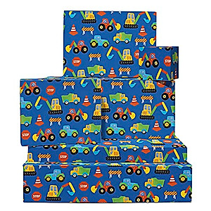 CENTRAL 23 Boys Wrapping Paper - 6 Sheets of Gift Wrap with Tags - Tractor Wrapping Paper - Construction Themed - Blue Wrapping Paper for Kids - For Son, Grandson, Nephew - Comes with Stickers