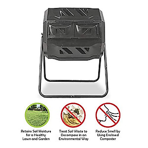 MaxWorks 80699 Compost Bin Tumbler for Garden and Outdoor, 42 Gallon Capacity with 2 Chambers Dual Rotating Composting Tumbler , Black