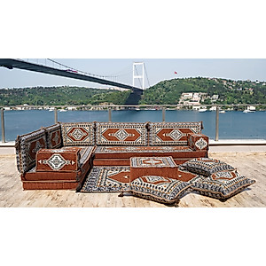 Brown Floor Cushions, Modern Arabic Majlis Set, Floor Sofa Set, Ethnic Sofa, Arabic Jalsa, Moroccan Sofa, Sectional Sofa with Ottoman, Sleeper Sofa (L Sofa + Rug + Poufs)