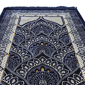 Modefa Turkish Islamic Prayer Rug - Large Wide Velvet Carpet - Soft Muslim Janamaz Sajada - Thick Turkish Prayer Mat for Men & Women - Ramadan or Eid Gift - Free Kufi Cap - Plush Paisley (Navy Blue)