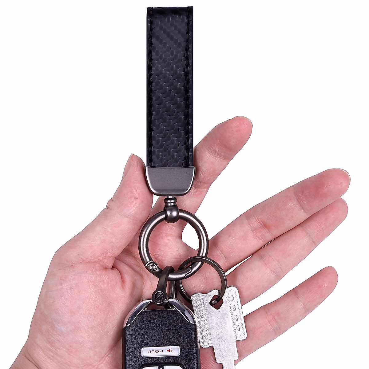 Wisdompro Carbon Fiber Style Car Keychain, Microfiber Leather Key Chain, Universal Key FOB Keychain Holder for Men and Women, with Anti-lost D-ring, 3 Keyrings - Black (with flat connector)