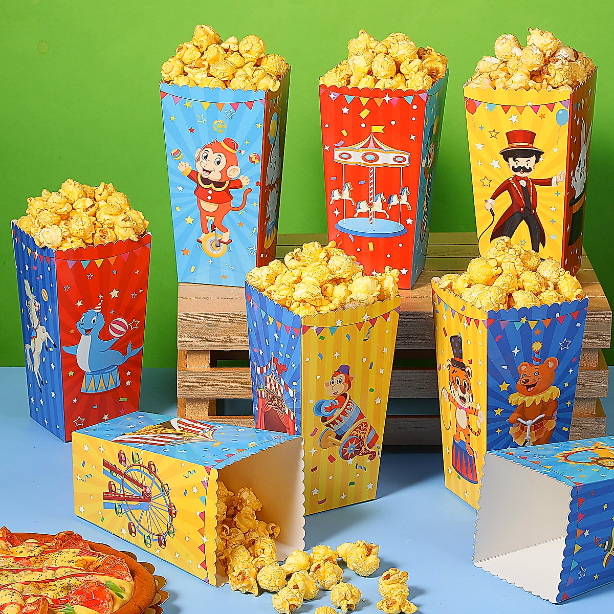 Tiamon 32 Pcs Carnival Party Supplies Popcorn Boxes Circus Theme Popcorn Containers Disposable 6 Inch Animals Popcorn Paper Boxes Oil Proof Snack Box for Carnival Circus Birthday Party Favors Decors