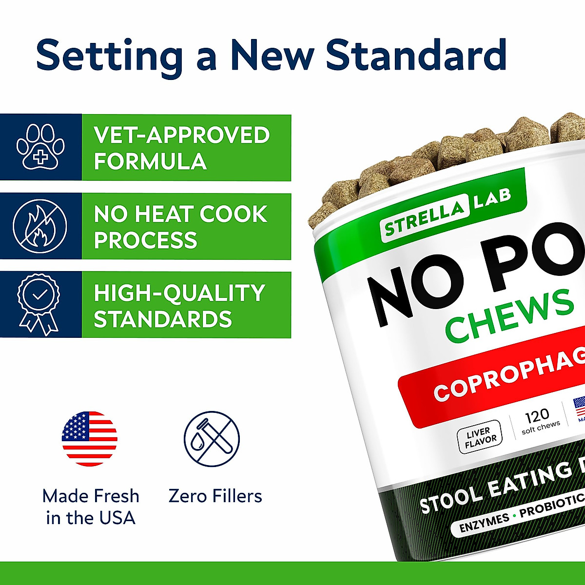 STRELLALAB No Poo Chews for Dogs - Coprophagia Stool Eating Deterrent - No Poop Eating for Dogs - Digestive Enzymes - Gut Health & Immune Support - Stop Eating Poop - Chicken Liver Flavor 120Chews