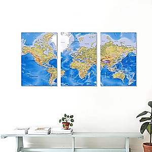 Blue World Map Wall Art Canvas Decor Poster for Office, Living Room, Home Bedroom Decoration 16"x24"x3 Pcs Framed