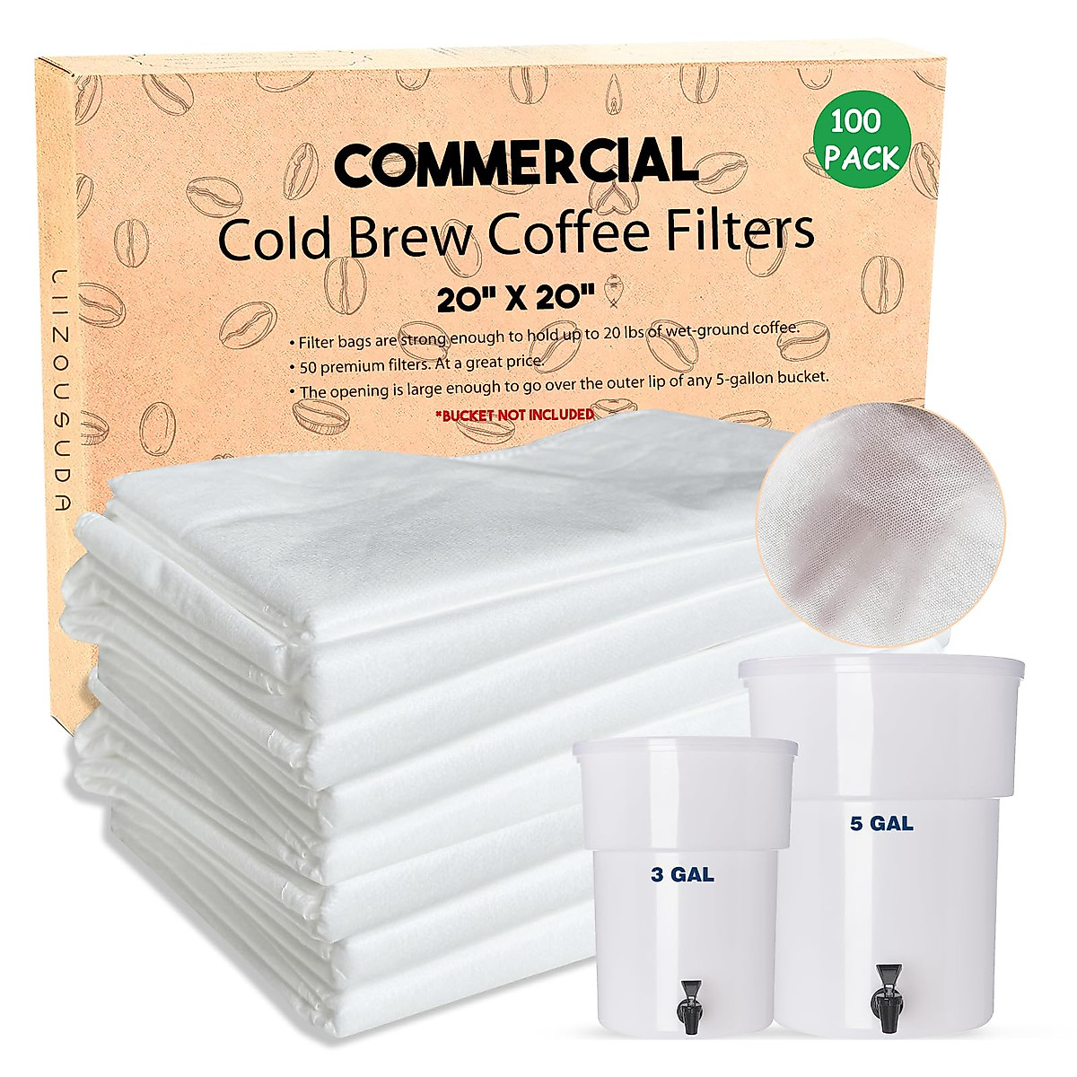 100pcs Cold Brew Coffee Filter Bags - 20" X 20" Commercial Cold Brew Bags - Filter Bag for Brew Up To 5 LBS Coffee, Fits 5 Gallon Buckets - Extra Large Brew Bags Reusable