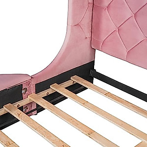 GERDIOEB Queen Upholstered Platform Bed with Wingback Headboard and 1 Large Drawer, Velvet Platform Mattress Foundation, 2 Side Storage Benches Queen Size Bed (Pink)