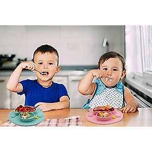 Baby Plate Silicone Toddler Plates Suction Placemat Divided Dishes for Kids and Infants One-Piece Strong Suction, BPA Free, Microwave Dishwasher Safe (Pink&Green)