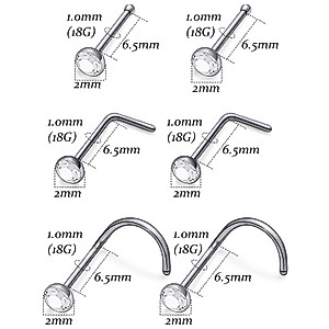 Vsnnsns G23 Titanium Nose Rings for Women 18G Bone L Shaped Nose Studs Screw Nose Rings CZ 2mm Titanium Nose Piercing Jewelry for Men 6Pcs